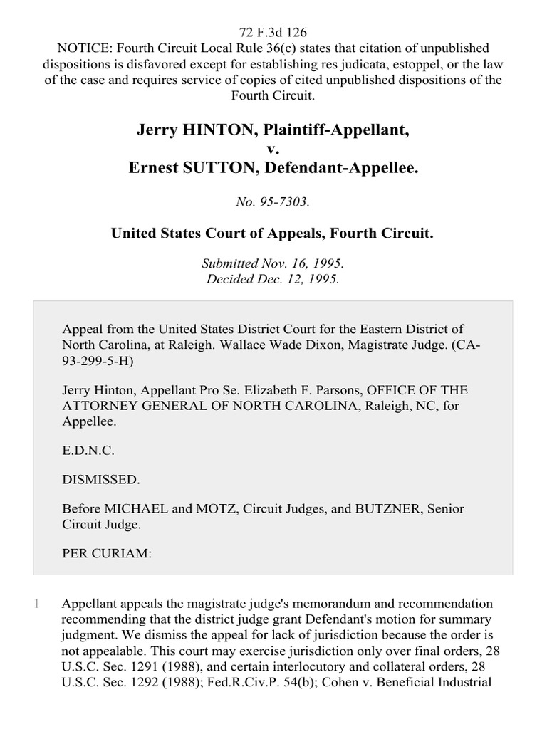 Jerry Hinton v. Ernest Sutton, 72 F.3d 126, 4th Cir. (1995) | PDF