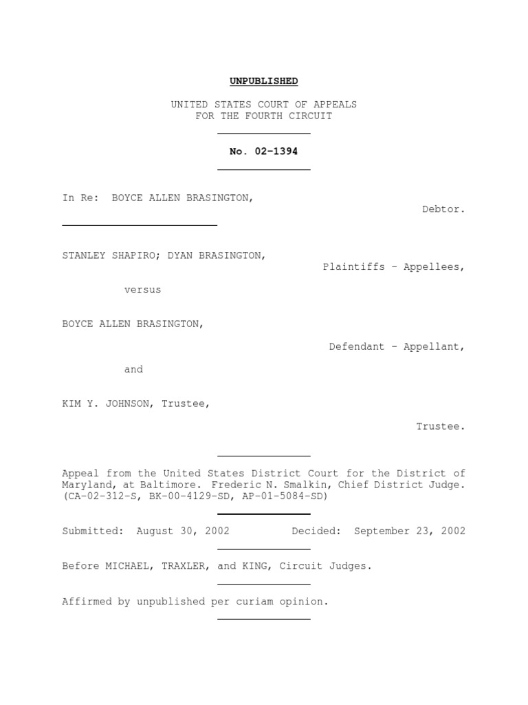 Brasington v. Shapiro, 4th Cir. (2002) | PDF | Appeal | Precedent