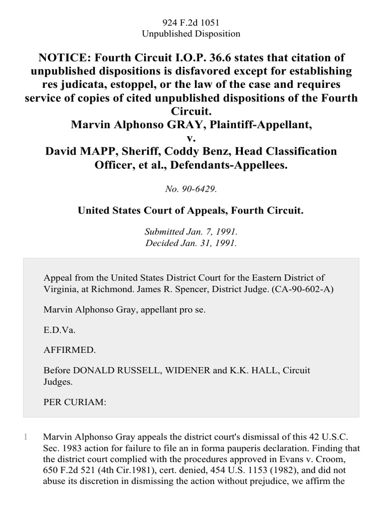 Marvin Alphonso Gray v. David Mapp, Sheriff, Coddy Benz, Head Classification Officer, 924 F.2d ...