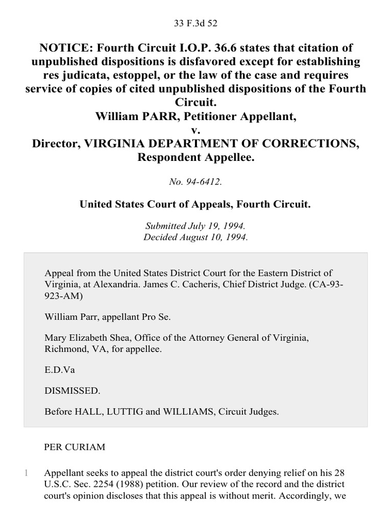William Parr v. Director, Virginia Department of Corrections, 33 F.3d ...