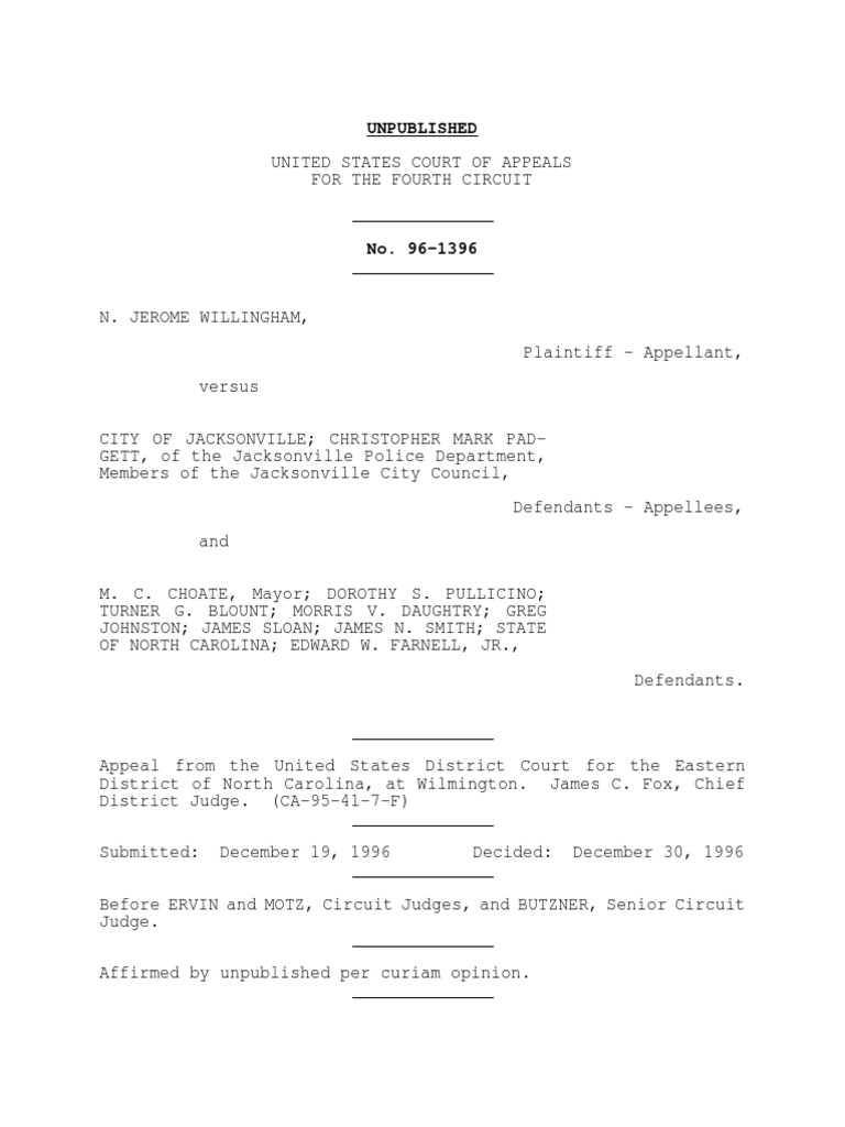 Willingham v. City of Jacksonville, 4th Cir. (1996) | PDF | Politics | Law