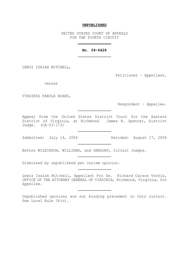 Mitchell v. Virginia Parole Board Appeal | PDF | Politics | Social Science