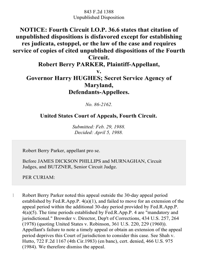 Robert Berry Parker v. Governor Harry Hughes Secret Service Agency of ...