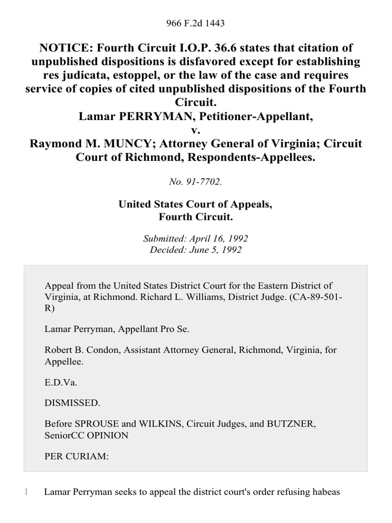 Lamar Perryman v. Raymond M. Muncy Attorney General of Virginia Circuit ...