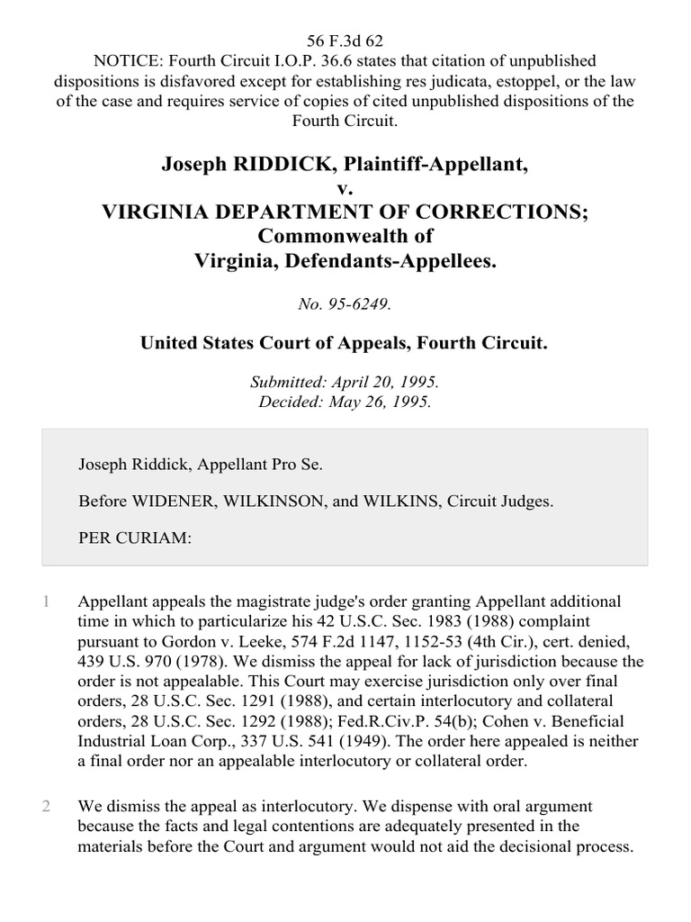 Joseph Riddick v. Virginia Department of Corrections Commonwealth of ...