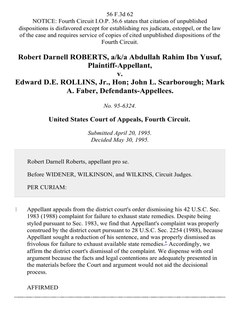 Robert Darnell Roberts, A/K/A Abdullah Rahim Ibn Yusuf v. Edward D.E. Rollins, JR., Hon John L ...