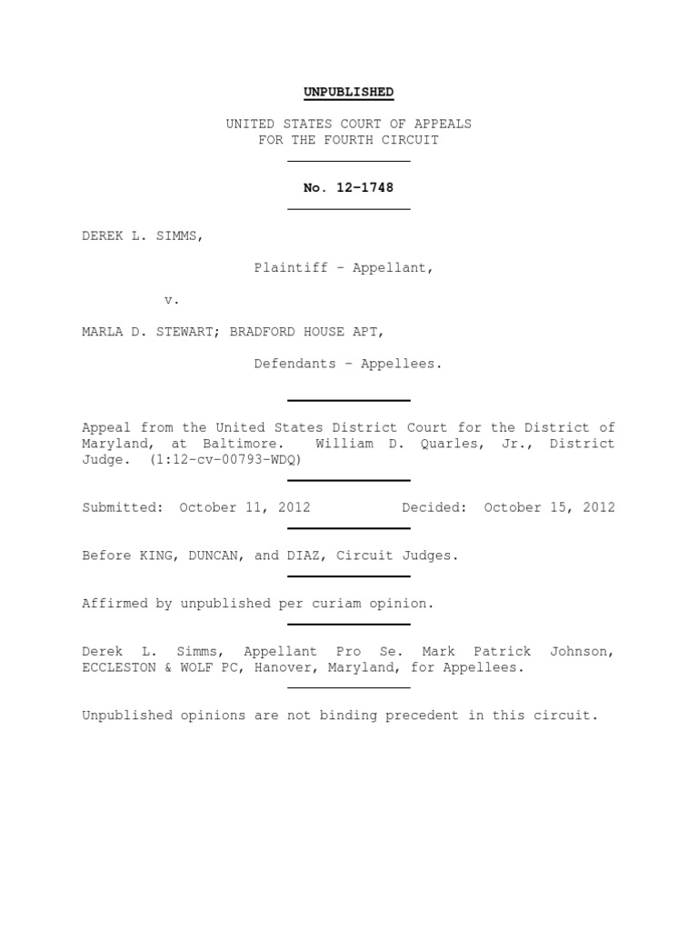 Derek Simms v. Marla Stewart, 4th Cir. (2012) | PDF