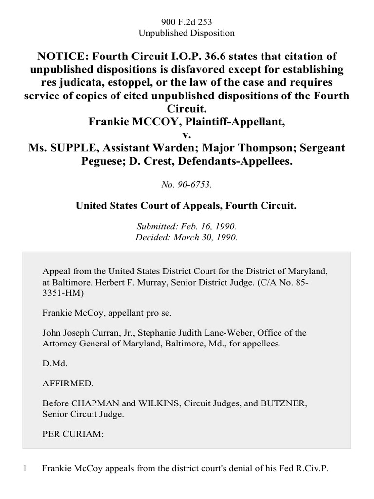 Frankie McCoy v. Ms. Supple, Assistant Warden Major Thompson Sergeant ...