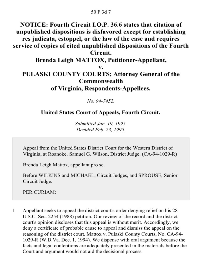 Brenda Leigh Mattox v. Pulaski County Courts Attorney General of The ...