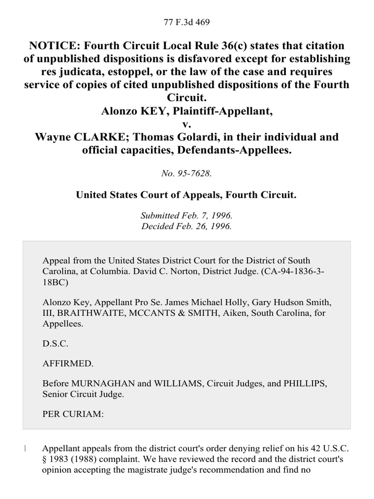 Alonzo Key v. Wayne Clarke Thomas Golardi, in Their Individual and Official Capacities, 77 F.3d ...