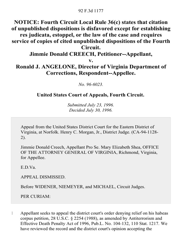 Jimmie Donald Creech v. Ronald J. Angelone, Director of Virginia ...