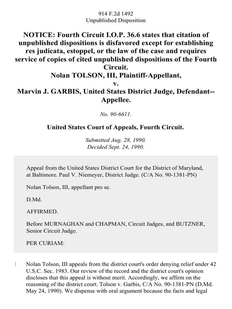 Nolan Tolson, III v. Marvin J. Garbis, United States District Judge ...