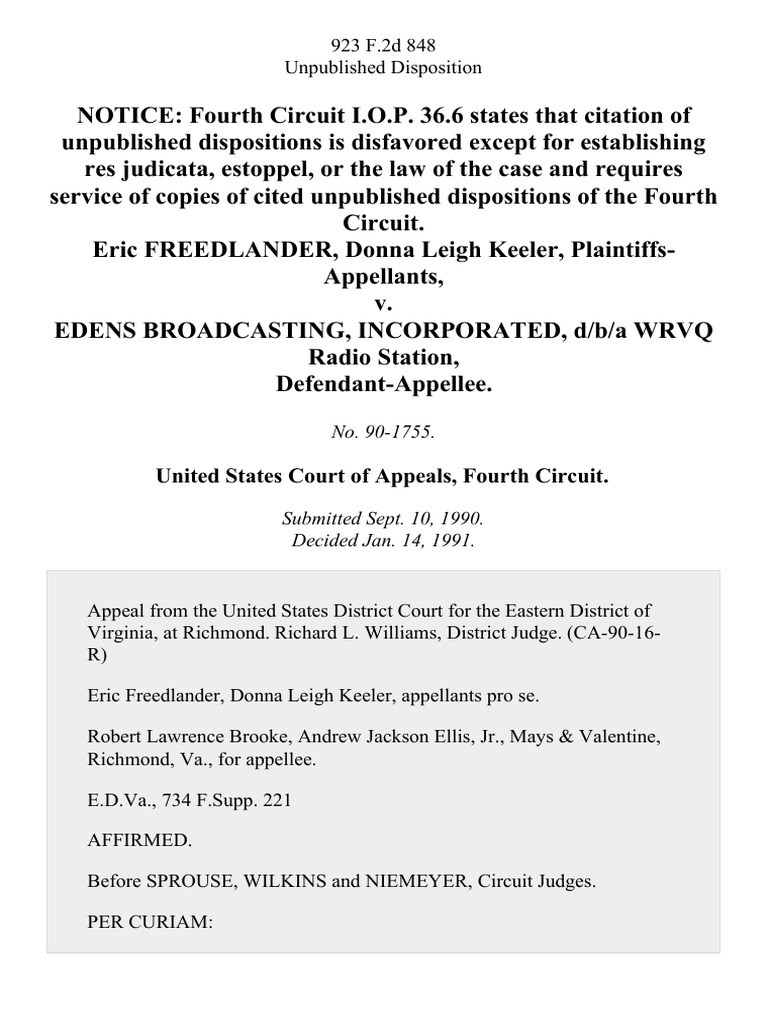 Eric Freedlander, Donna Leigh Keeler v. Edens Broadcasting ...