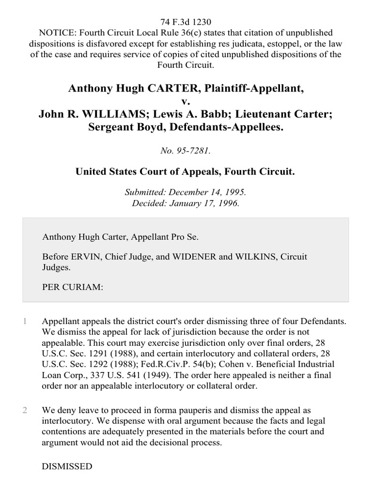 Anthony Hugh Carter v. John R. Williams Lewis A. Babb Lieutenant Carter ...