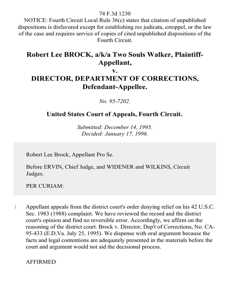 Robert Lee Brock, A/K/A Two Souls Walker v. Director, Department of ...