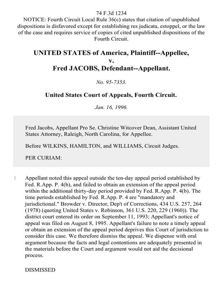 United States v. Fred Jacobs, 74 F.3d 1234, 4th Cir. (1996) | PDF
