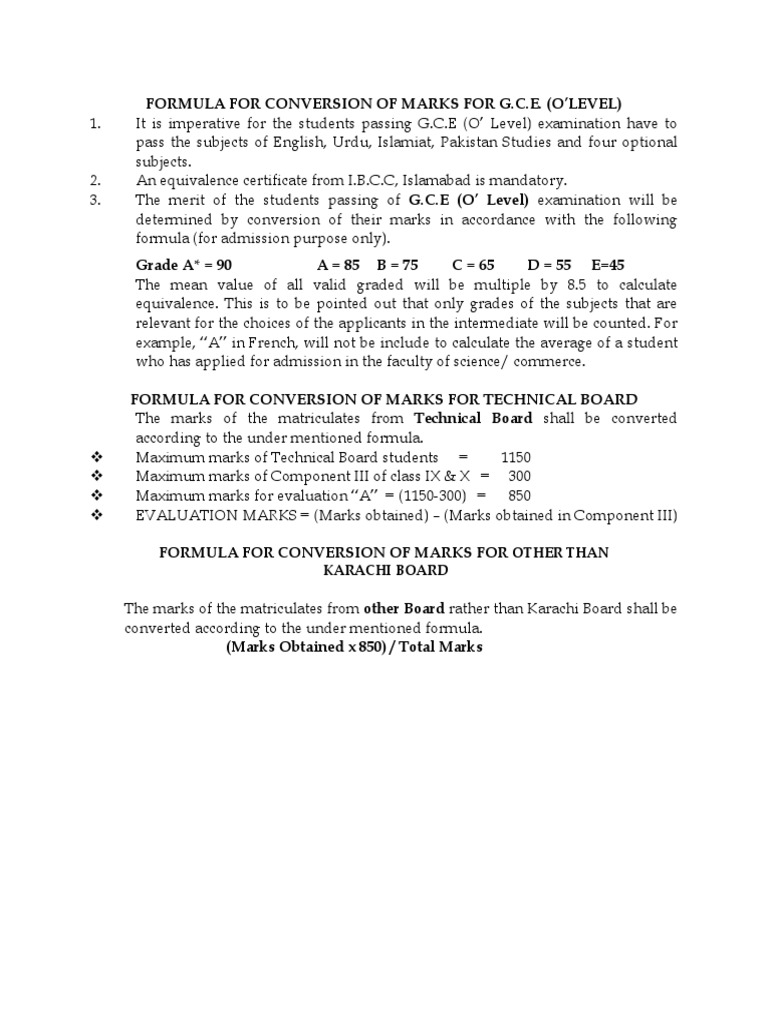 Formula For Conversion of Marks For G.C.E. (O'Level: Other Than Karachi ...