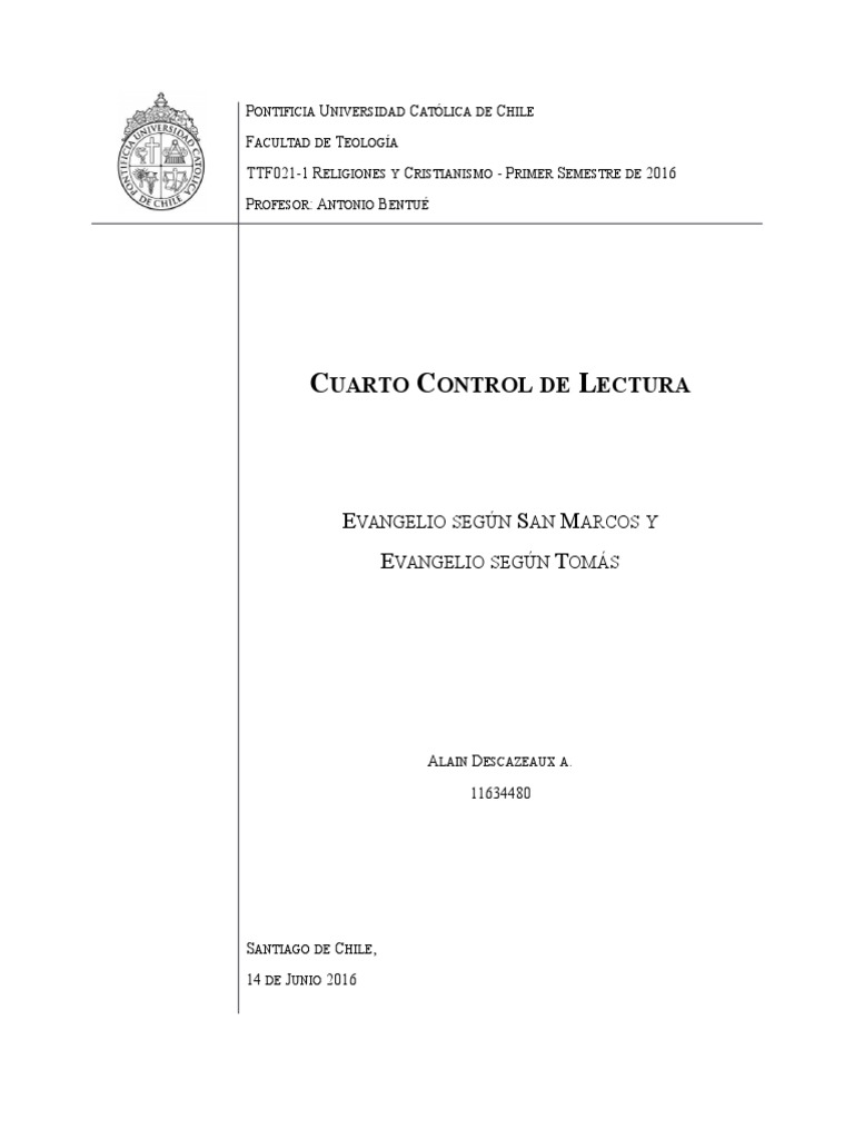 Cuarto Control de Lectura | PDF | Evangelios | Jesús
