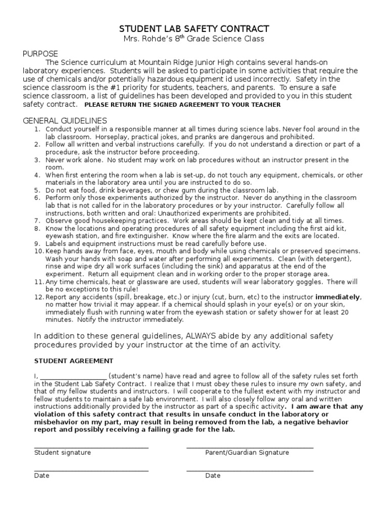 Student Lab Safety Contract: Mrs. Rohde's 8 Grade Science Class Purpose ...