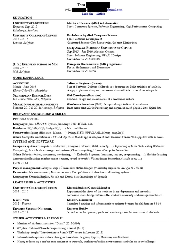 Tom (Redacted) Résumé 2017 | Download Free PDF | Extensible Application ...