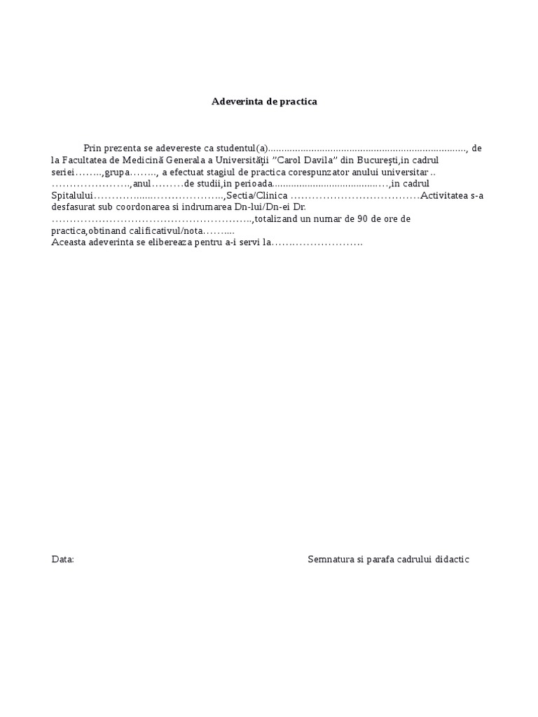 Model Adeverinta Practica UMFCD | PDF
