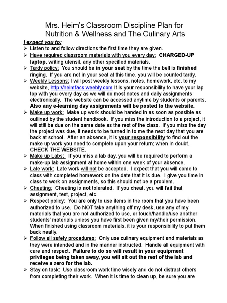 Disc Plan Culinary 2016 | PDF | Classroom | Homework