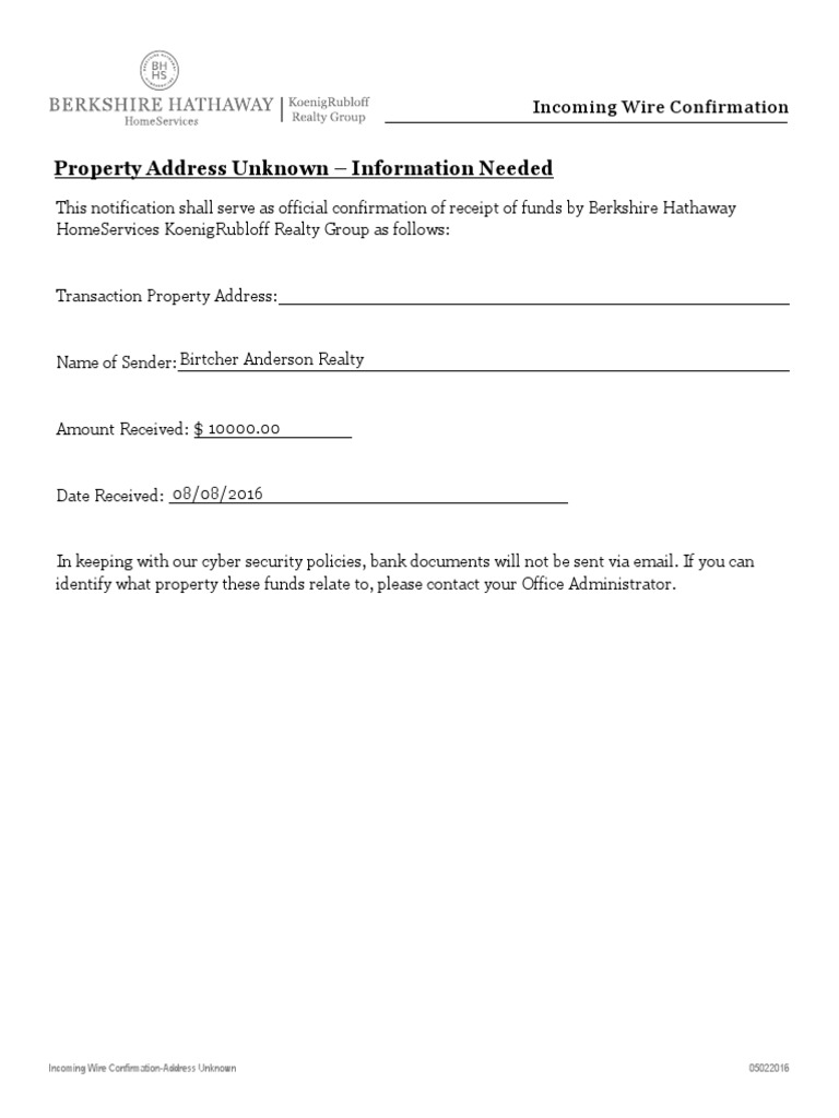 Property Address Unknown - Information Needed: Incoming Wire ...