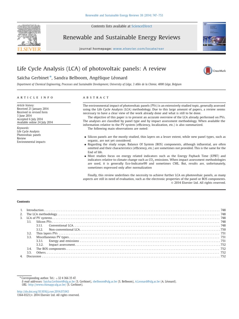 Life Cycle Analysis (LCA) of Photovoltaic Panels - A Review | PDF ...