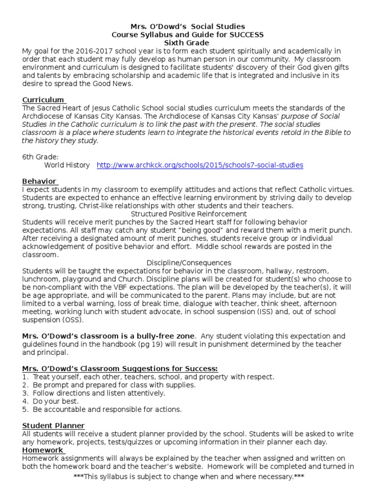 Course Syllabus 2016 17 Sixth Grade Ss Homework Textbook 