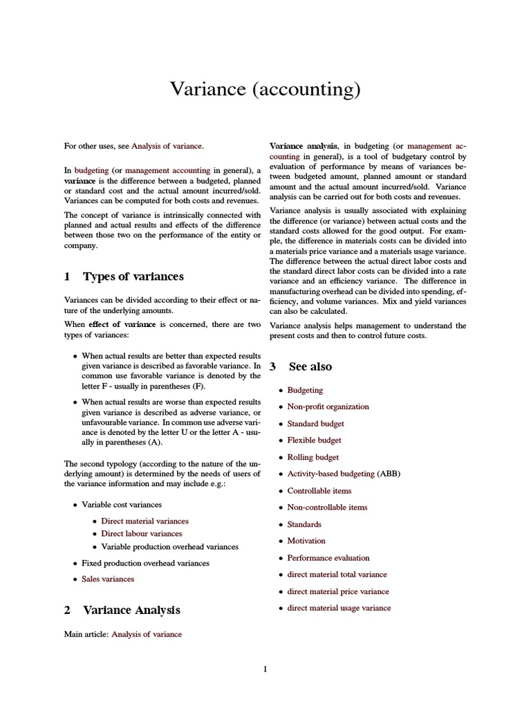 Variance Analysis WIKIPEDIA PDF | PDF | Variance | Cost