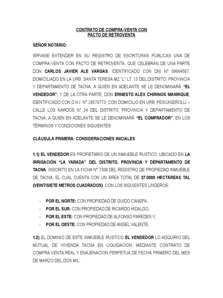 CONTRATO DE COMPRA-VENTA CON PACTO DE RETROVENTA | Propiedad | Pagos