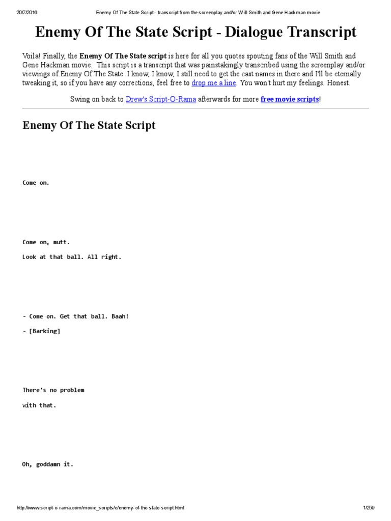 Enemy of The State Script - Transcript From The Screenplay PDF ...