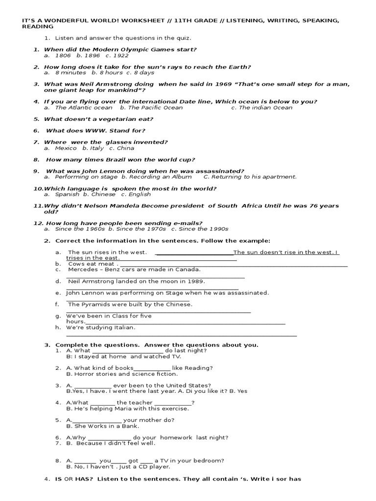 11th Grade Listening & Language Skills Worksheet | PDF | Leisure