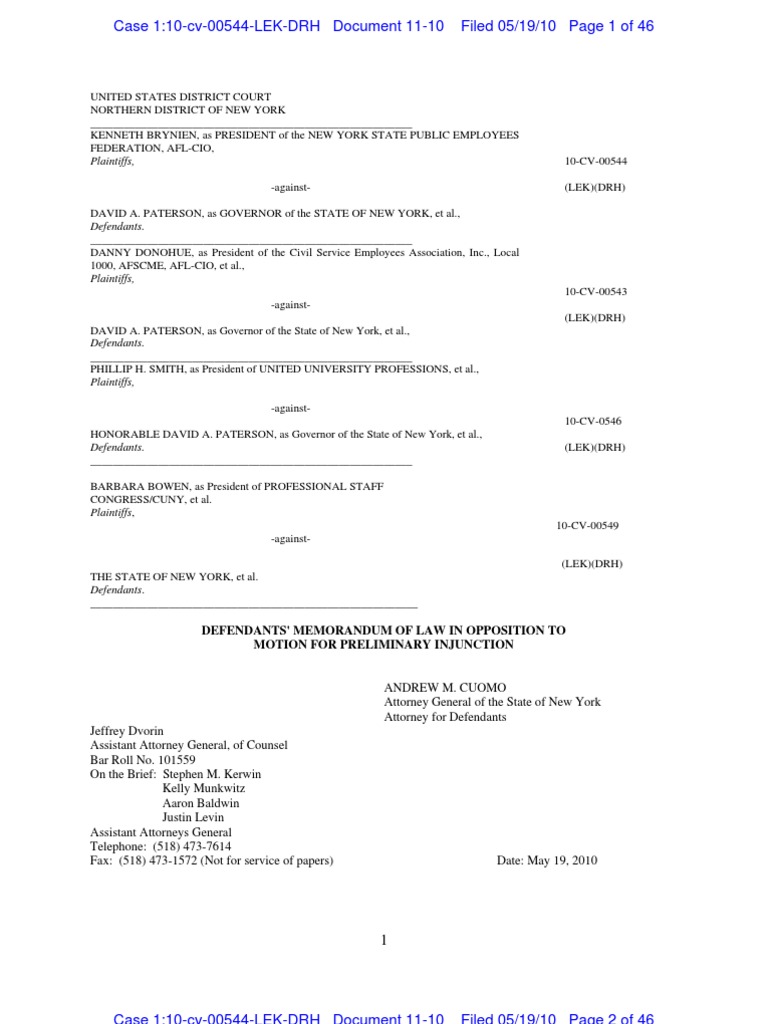 Plaintiffs,: Defendants' Memorandum of Law in Opposition To Motion For Preliminary Injunction ...