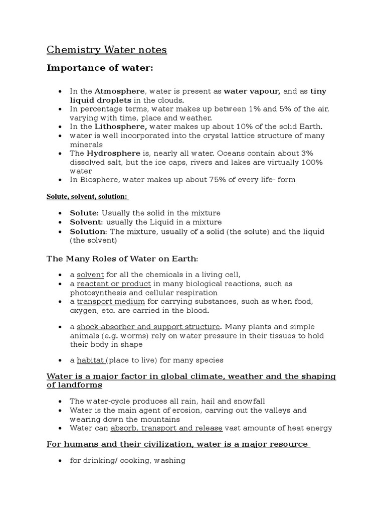 Chemistry Water Notes | PDF | Properties Of Water | Chemical Polarity