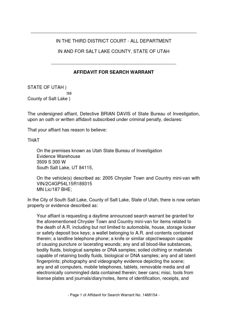 Affidavit for search warrant for minivan | Detective | Search Warrant