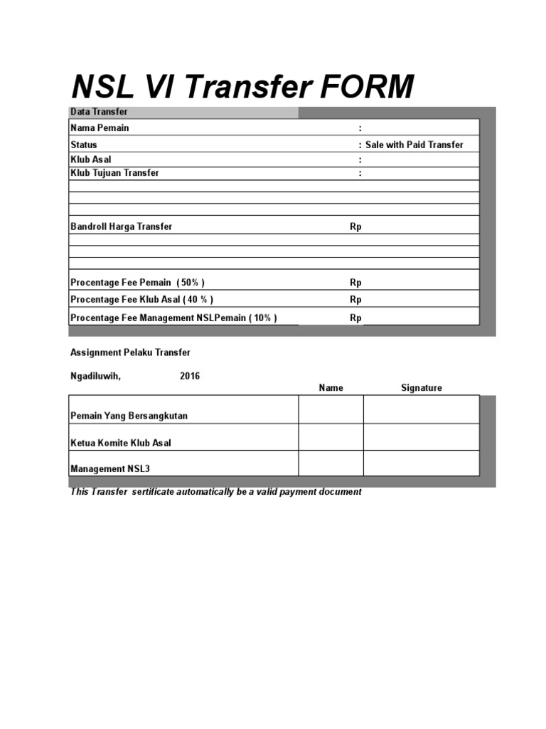 NSL VI Transfer FORM: This Transfer Sertificate Automatically Be A ...