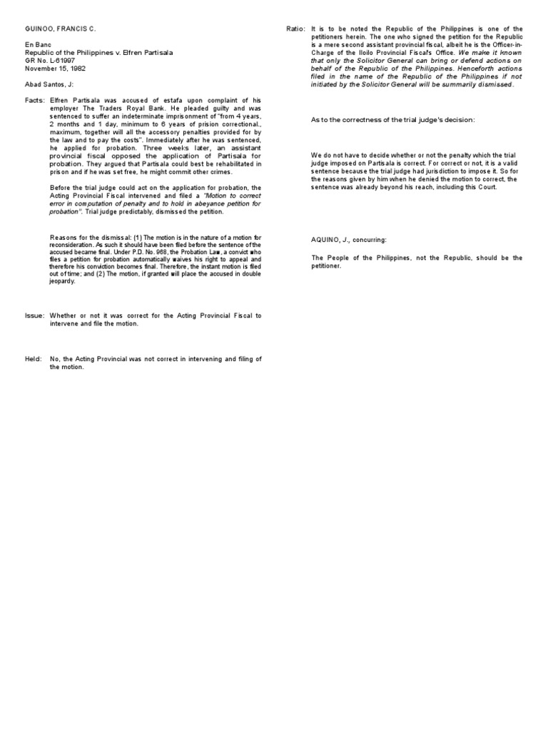 Republic v. Partisala Digest | PDF | Probation | Sentence (Law)
