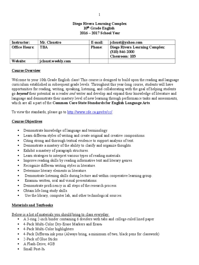 Jesus Claustro 10th Grade English Syllabus | PDF | Homework | Plagiarism