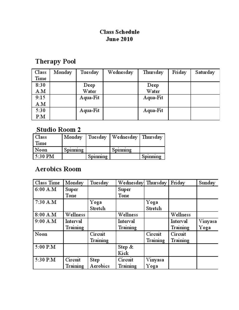 June 2010 Class Schedule Overview | PDF | Wellness
