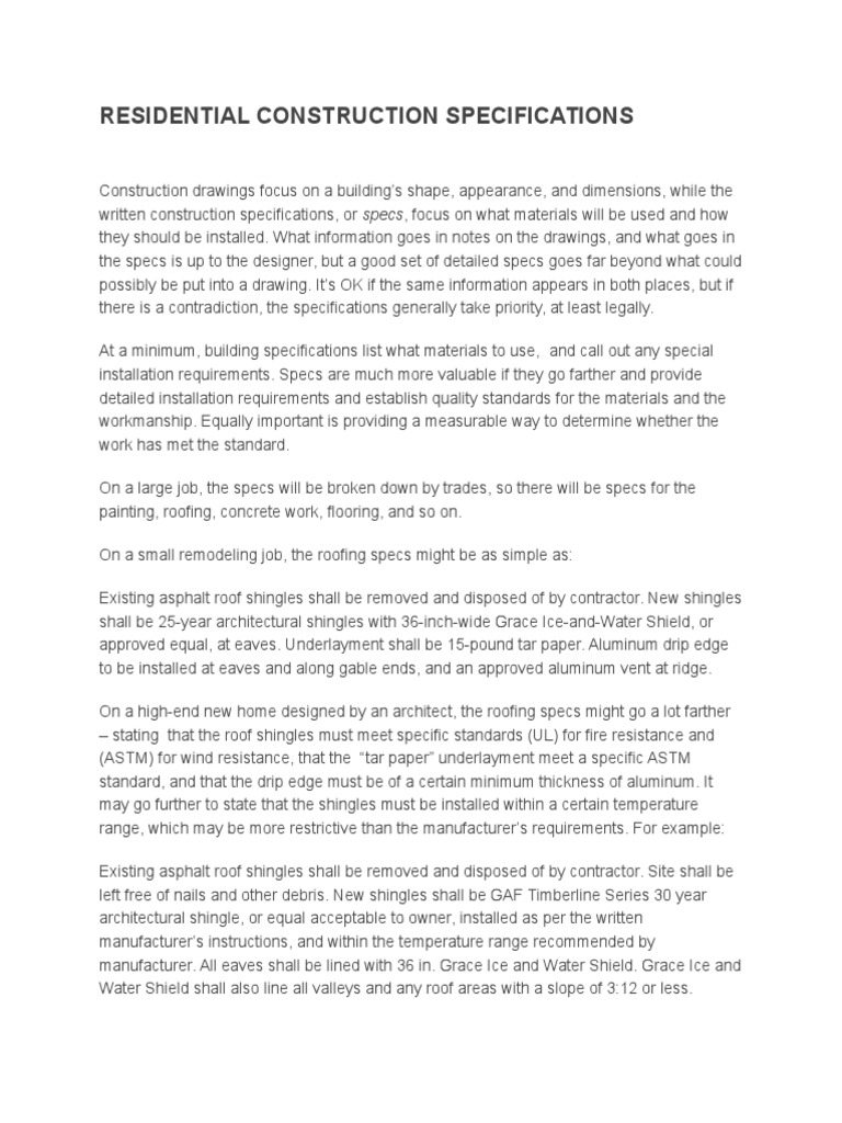 Detailed Specifications for Residential Construction: Guidance on ...