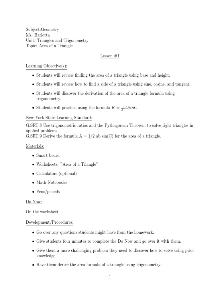 Latex of Area of A Triangle Lesson Plan | PDF | Triangle | Trigonometry