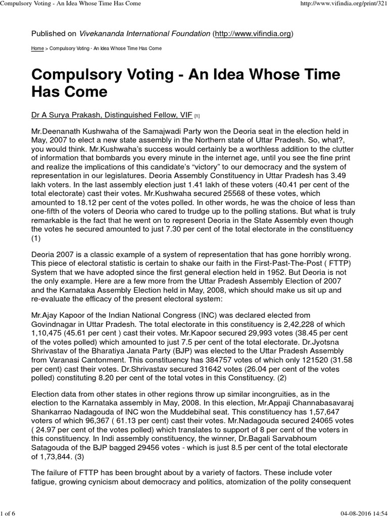 Compulsory Voting - An Idea Whose Time Has Come | PDF | Voting ...