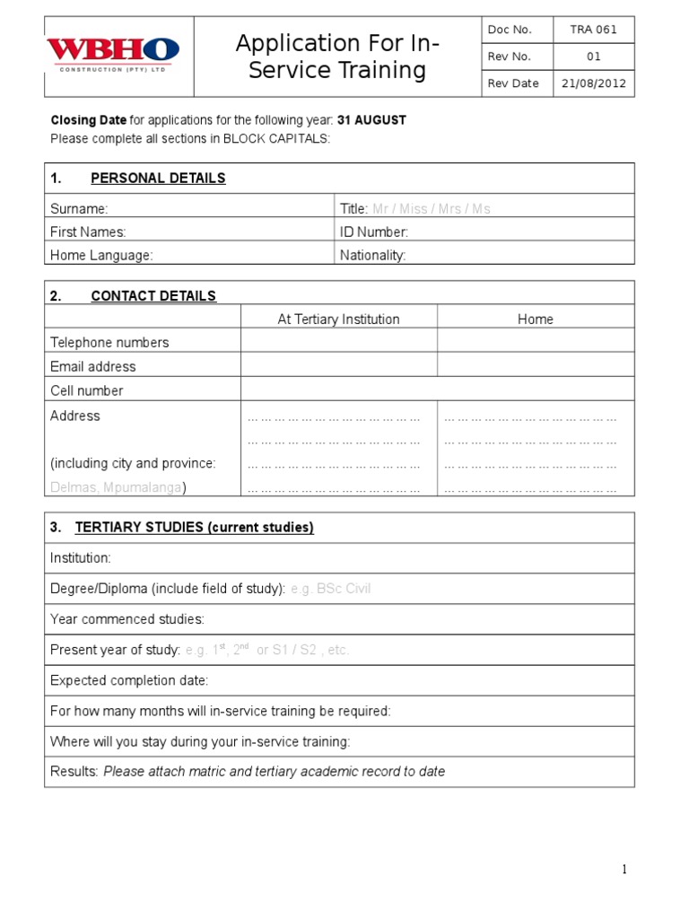 Application For In-Service Training: 1. Personal Details | PDF ...