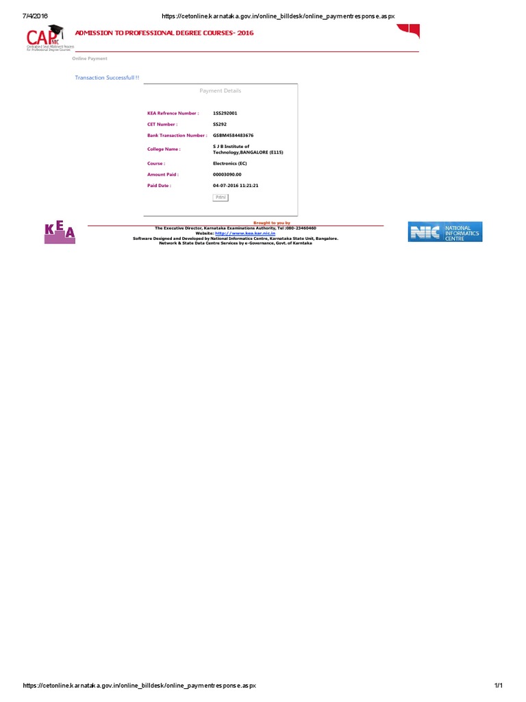 Https Cetonline - Karnataka.gov - in Online Billdesk Online Paymentresponse | PDF