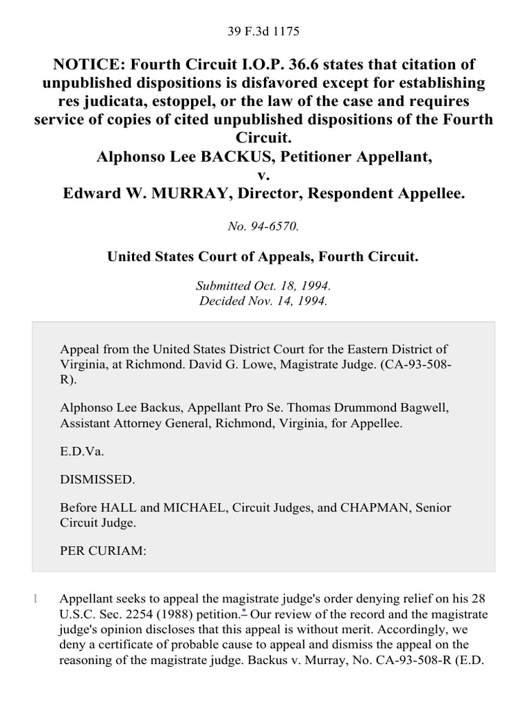 Alphonso Lee Backus v. Edward W. Murray, Director, 39 F.3d 1175, 4th ...