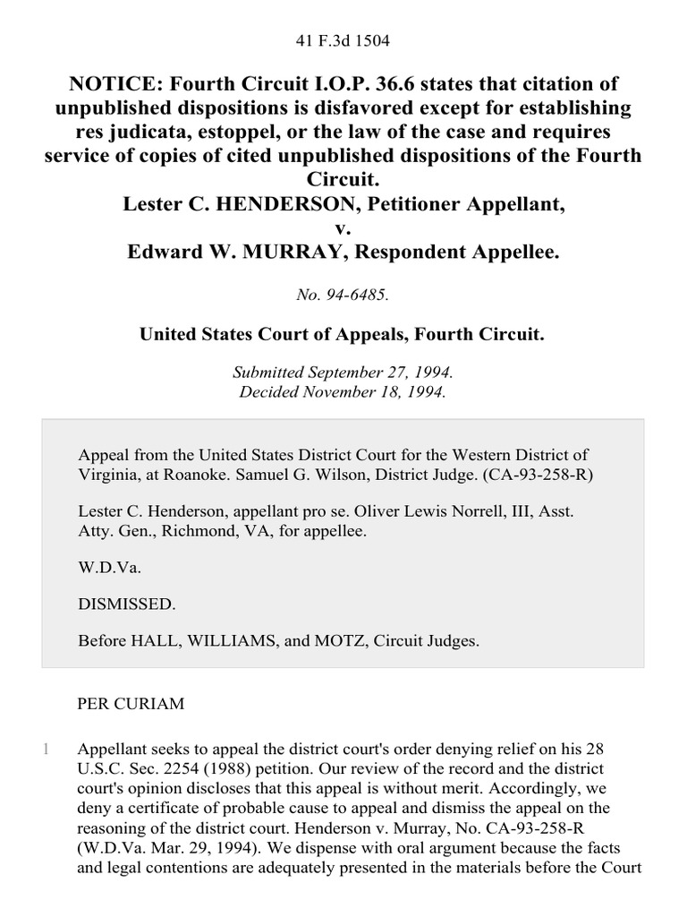 Lester C. Henderson v. Edward W. Murray, 41 F.3d 1504, 4th Cir. (1994 ...