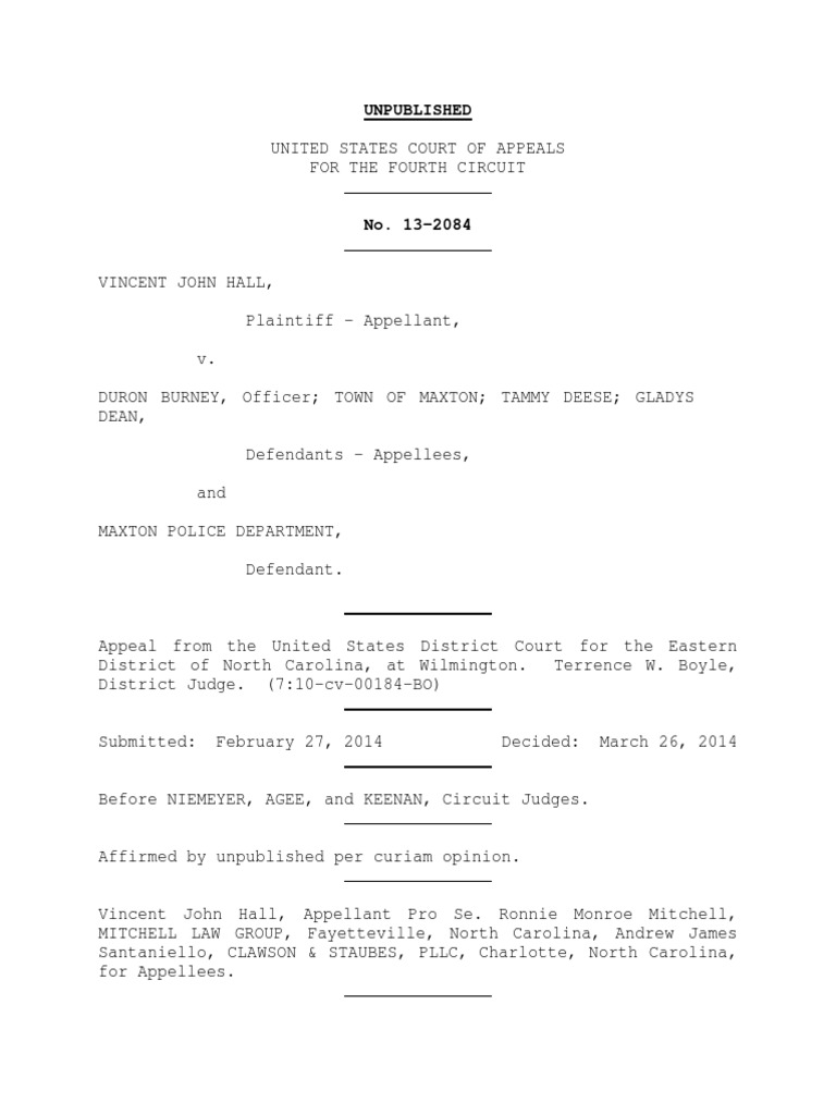 Vincent Hall v. Duron Burney, 4th Cir. (2014) | PDF