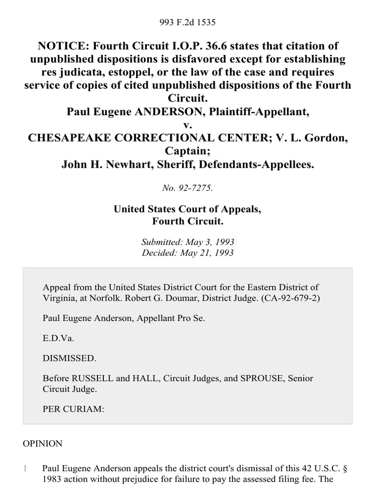 Anderson v. Chesapeake Correctional Appeal Dismissal | PDF