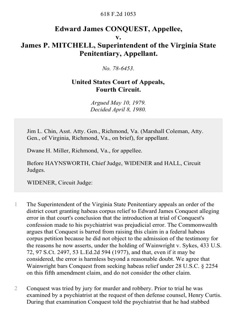 Edward James Conquest v. James P. Mitchell, Superintendent of The ...